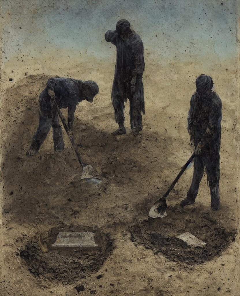 Lexica - A man with a shovel standing digging up a grave with a ...