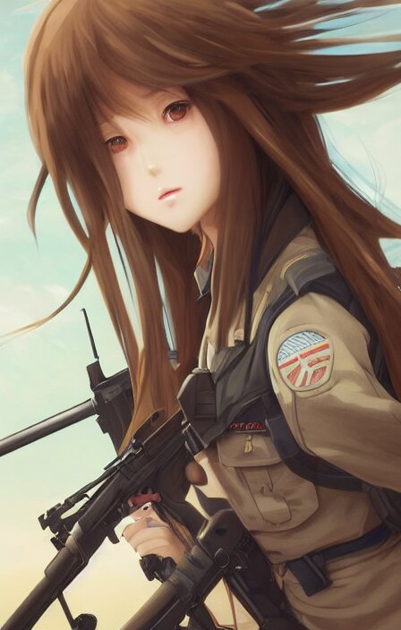 Lexica - Infantry girl, anime style, long hair, hair down, symmetrical ...