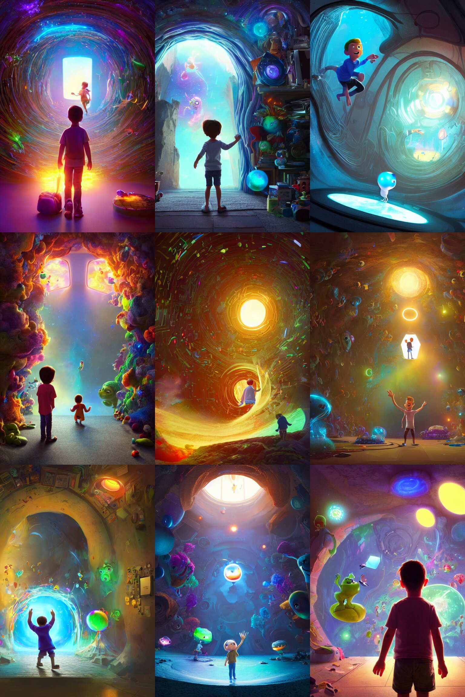 a wholesome illustration of a kid entering a portal to another d ...