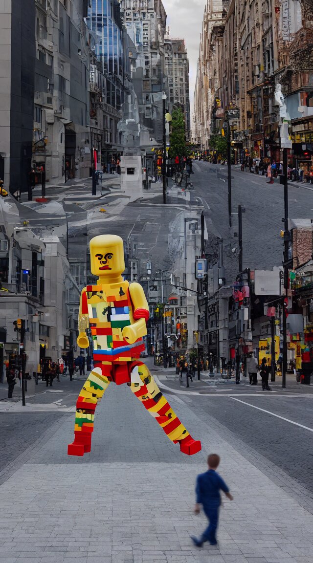 hyperrealistic giant lego man walking through street, street vie ...
