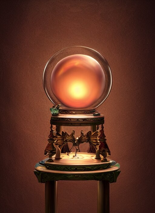crystal ball on a wood stand with a beautiful dreamscape inside ...