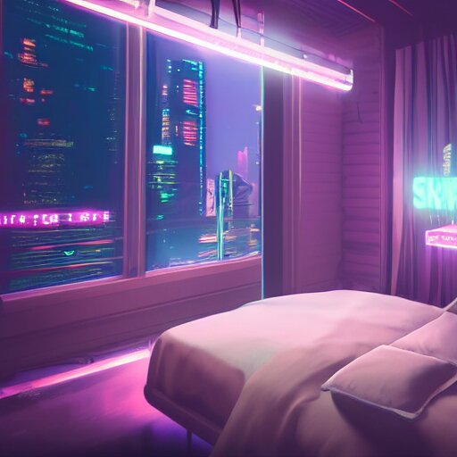« inside a girl room, cyberpunk vibe, neon glowing lights, sharp ...