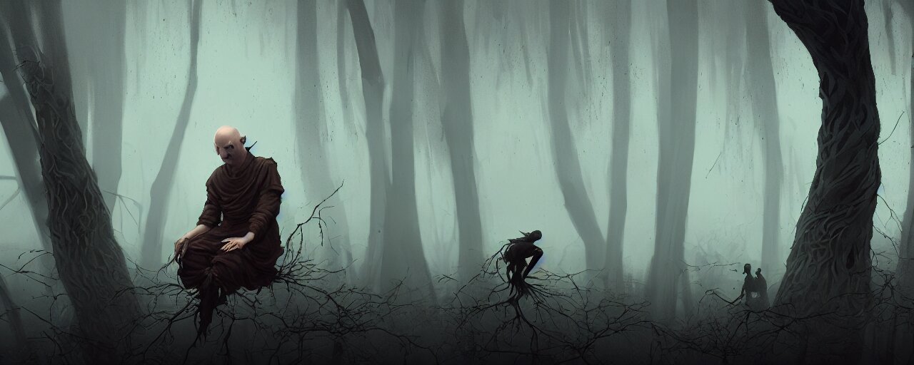 Lexica - Duotone noir illustration close up of bald merchant demon ...