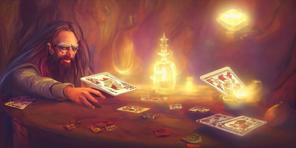 wizard shuffling cards, cards, fantasy, digital art, soft lighti ...