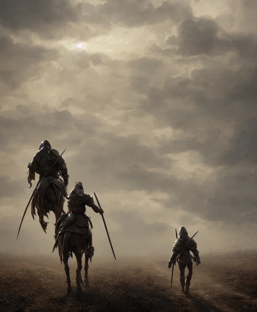 Lexica - Hyper realistic lonely knight walking on a long dirt road ...