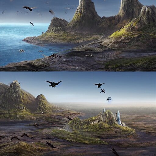 Lexica - Round sci-fi buildings on a stark volcanic cliff with birds ...