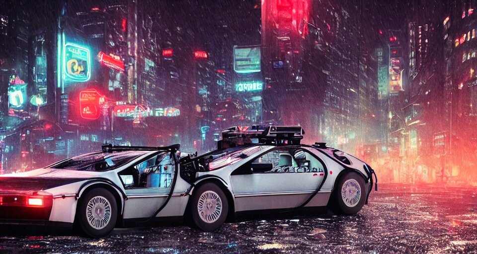 Lexica - A 2 8 mm closeup photo of a tesla tron neon delorean back to ...