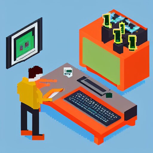 pixel art of programmer in front of his computer station, pixel ...
