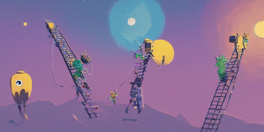 Lexica - Cute cartoon monsters and zebras climbing ladders to the moon ...