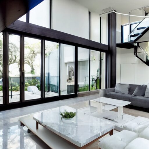 A modern living room with floor to ceiling glass windows on the ...
