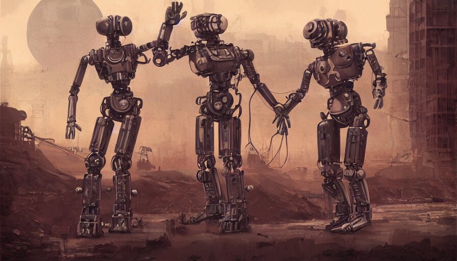 Lexica - Dieselpunk Illustration of two humanoid robots holding hands ...