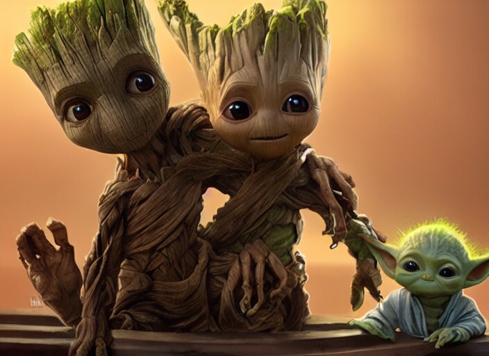 Lexica - A dramatic highly detailed render of baby groot and baby yoda ...