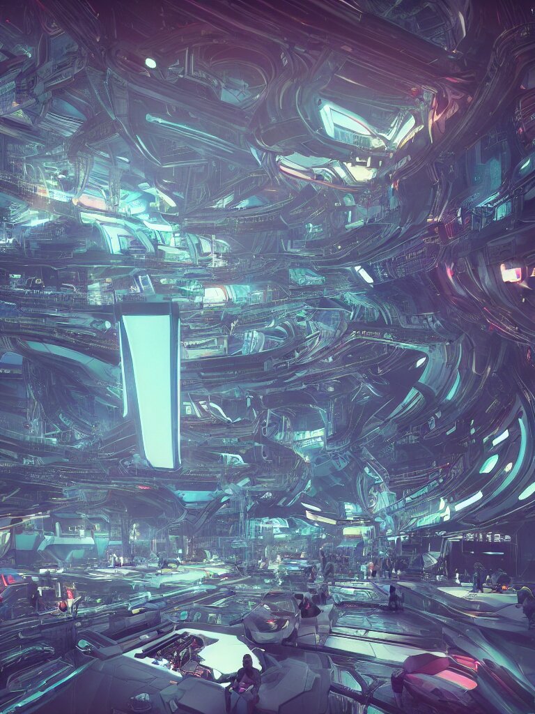 Lexica - Futuristic gothic interior of a busy spaceport on an alien ...