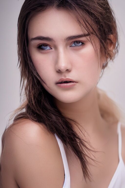 Lexica - 2 4 year old female model, wearing white v - neck top ...