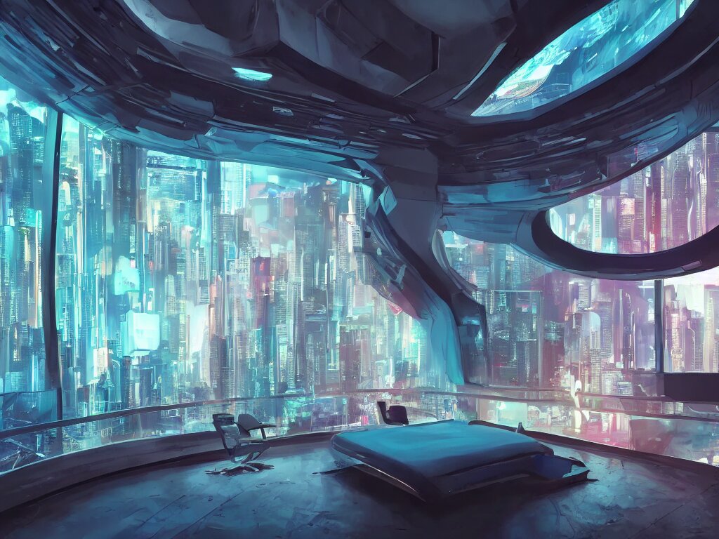 Lexica - A futuristic bedroom with large curved ceiling high windows ...