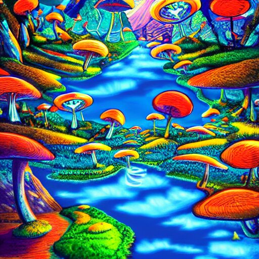 psychedelic mushroom kingdom, dmt, landscape, river, trending on ...
