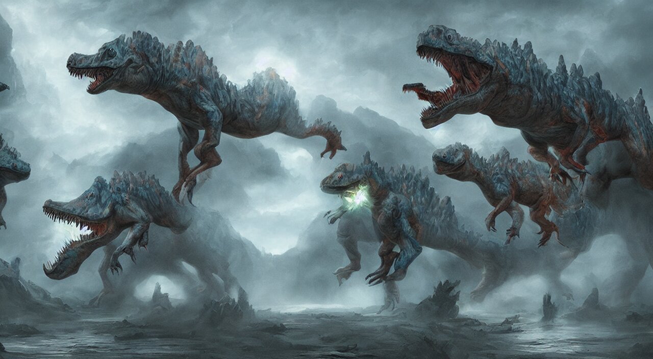 Lexica - Colorful ghost dinosaurs, glowing with magic, trapped in slate ...