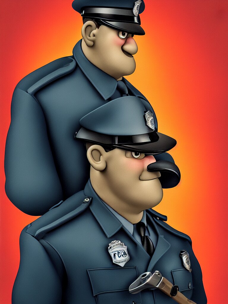 in pixar style, a perfect colour portrait of a policeman. his le ...