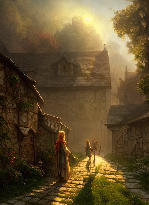 Lexica - Small poor medieval village, mist, sunrays, dust in the air ...