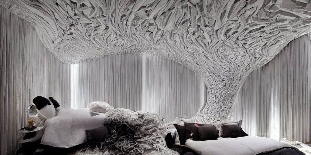 a cozy bedroom decorated by Zaha Hadid, detailed, high resolutio ...