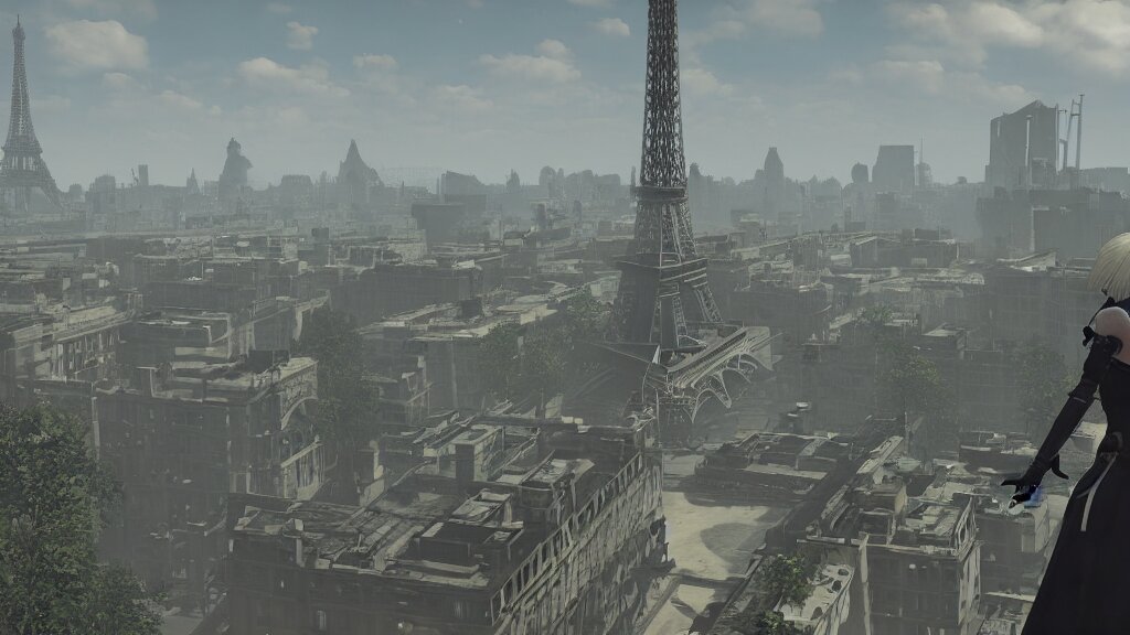 Lexica - Screenshot from Nier Automata, near the Eiffel tower in Paris