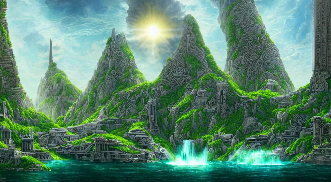 a matte painting futurist of a green water city of Atlantis gre ...