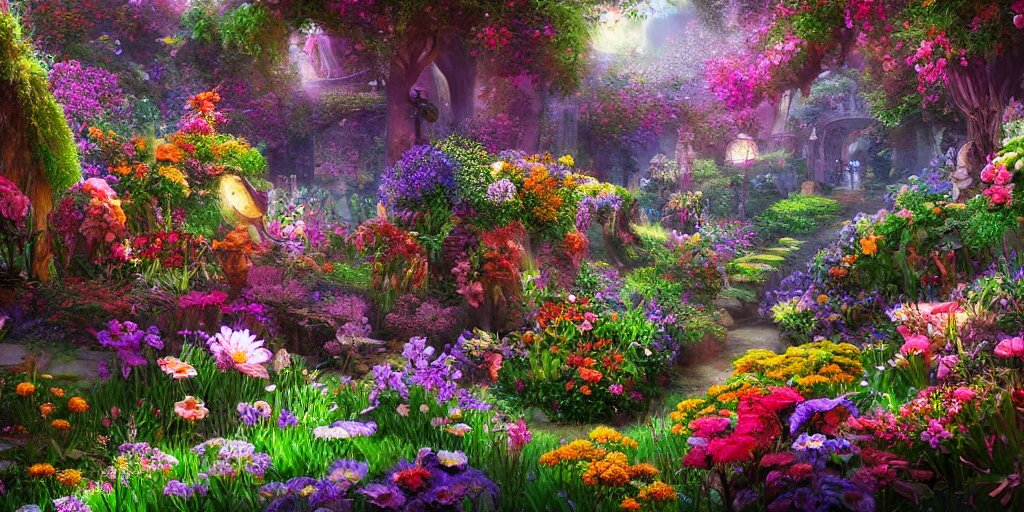 Lexica - Beautiful fantasy flower garden, saturated, detailed lighting, high quality, sharp ...