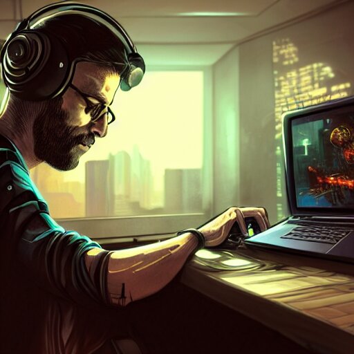 Lexica - Realistic successful man typing on laptop in gaming room, artstation trends, cyberpunk ...