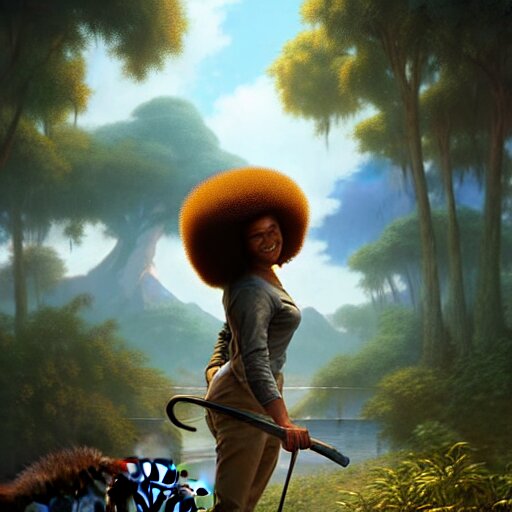 Lexica - Bob ross!!! riding! a dinosaur, giant afro, model pose, ultra ...
