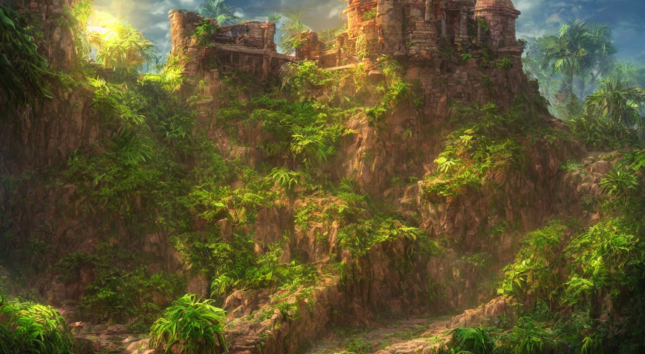 Lexica - the wall wood fortress tropical with little plant along borderland style vivid colorful ...