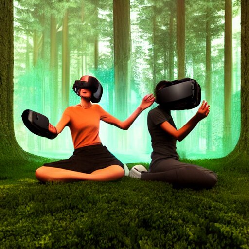 Lexica - Duo playing music using futuristic VR headset instruments in a forest, in the style of ...