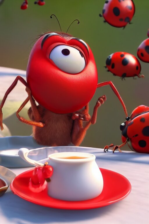 Lexica - A red ladybug with big eyes on side of a cup of coffee and a ...
