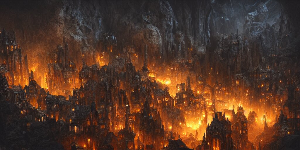 Lexica - A shining dwarven city in a dark cavern, rainy, dark and ...