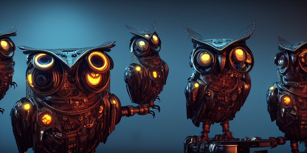 Lexica - Giant evil, malevolent, cyborg owls snuggling, surrounded by computer screens ...
