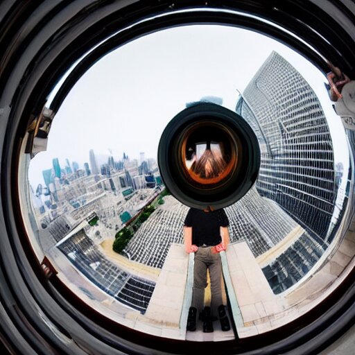 Lexica - Person very close to camera, wideangle fisheye lense photography