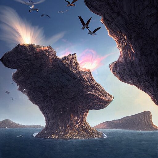 Lexica - Round sci-fi buildings on a stark volcanic cliff with birds ...