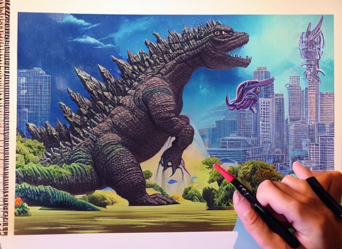 Lexica - Godzilla posing for a school picture, religious painting ...