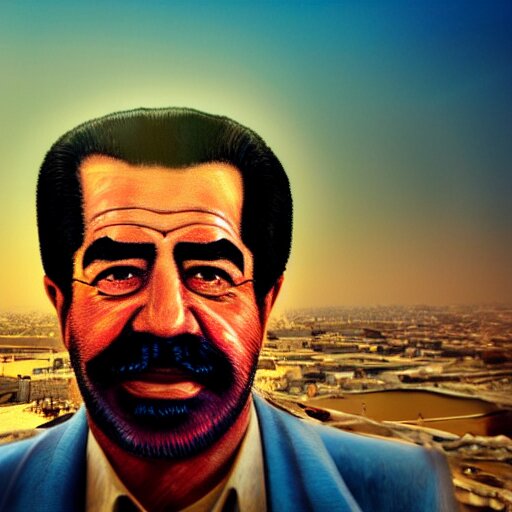 Lexica - Portrait of Saddam Hussein, Baghdad skyline background, washed ...
