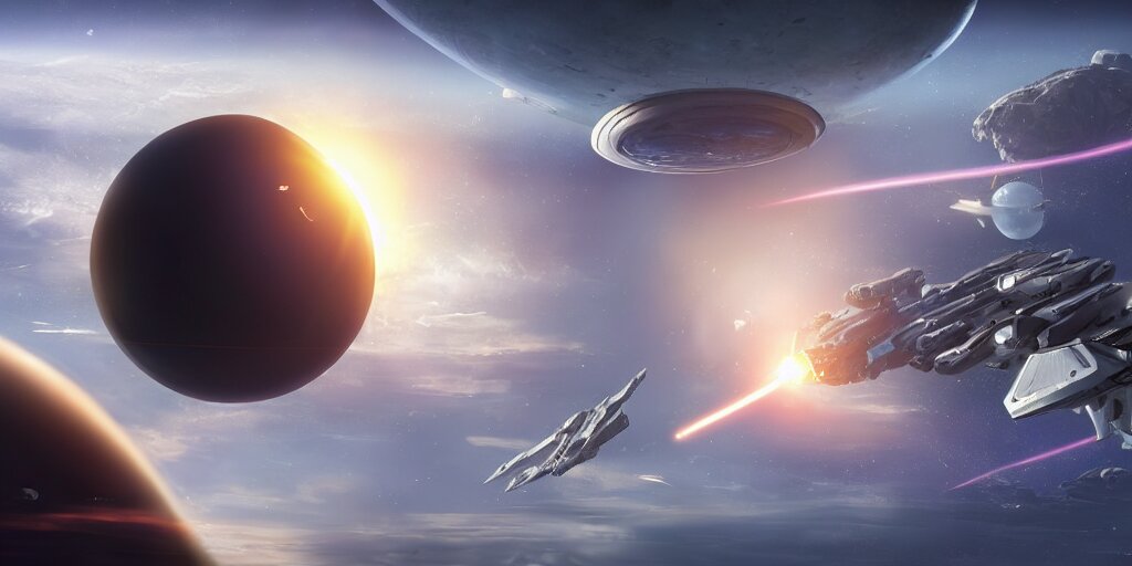 Lexica - Wide shot of a spheric round ball shaped sci fi space ship ...