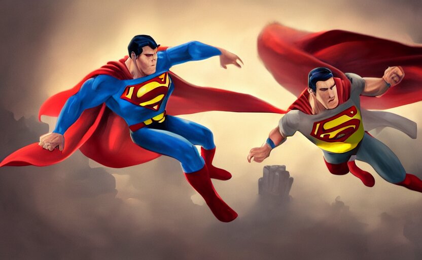 Lexica - Painting of Jake versus superman, Jake is eating bacon ...