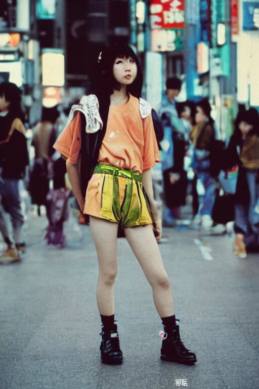 a street fashion photograph of a young japanese woman in 9 0 s f ...