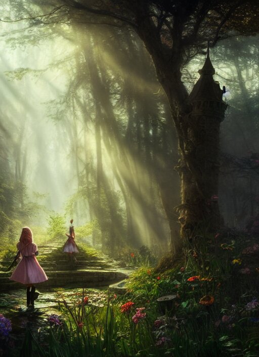 Lexica - Alice falling down the rabbithole to wonderland, mist, sunrays ...