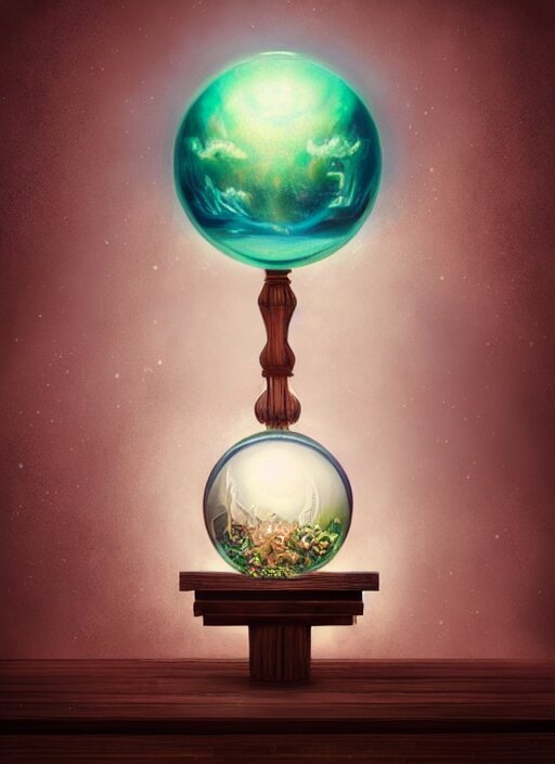 crystal ball on a wood stand with a beautiful dreamscape inside ...