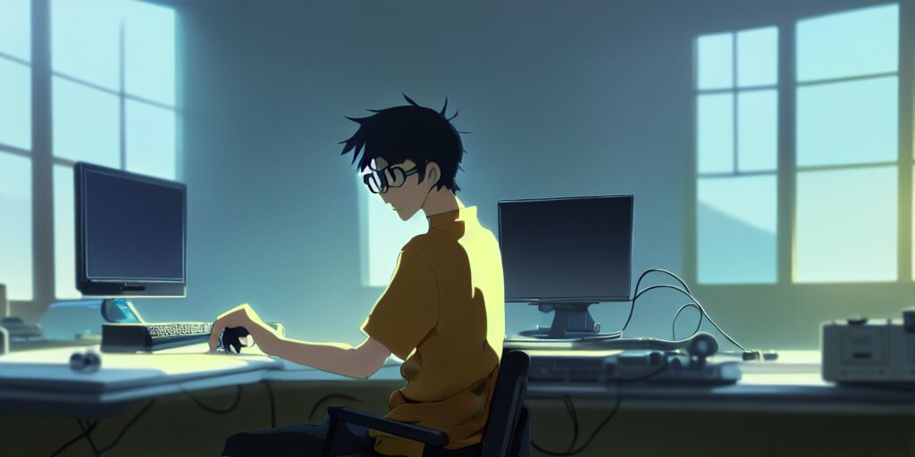 Lexica - A nerdy boy is programming at a computer in a room full of ...