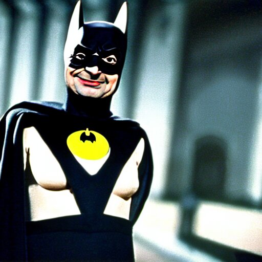 Lexica - Mr. bean as batman 1 9 6 6. movie still. cinematic lighting.