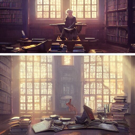 Lexica - Inside an immense fantasy library, sunlight pours through ...