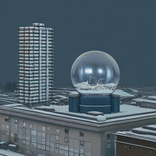 a snow globe with a soviet apartment building in it, a computer ...