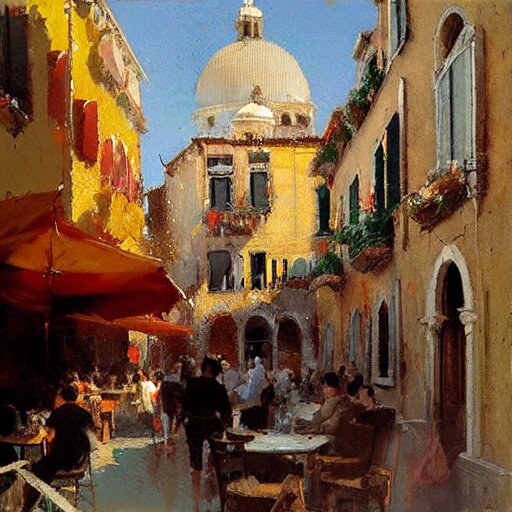 italian restaurant in venice, sunny, shadows, craig mullins - Arthub.ai
