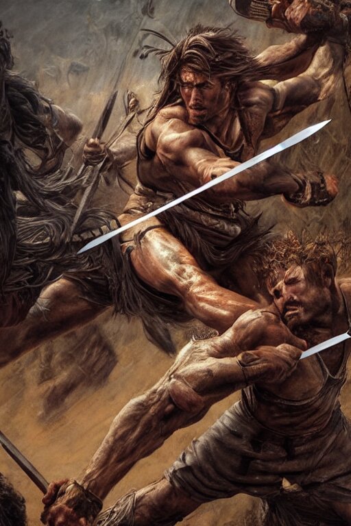 Lexica - Hyperrealistic mixed media painting of Cain stabbing Abel with ...