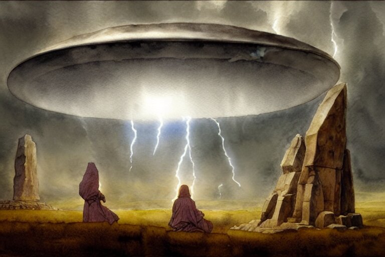 Lexica - A hyperrealist watercolor concept art of a giant ufo in the ...